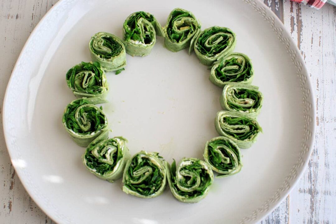 Christmas Tree Pita Pinwheel Appetizer - Spinach Tortillas and Veggie Wraps