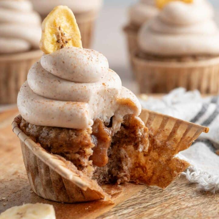 Banana Bread Cupcakes with Banana Jam Filling and Cream Cheese Frosting